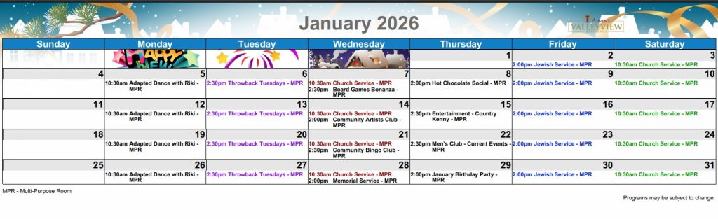 Calendar Of Events January 2026 Valleyview Residence